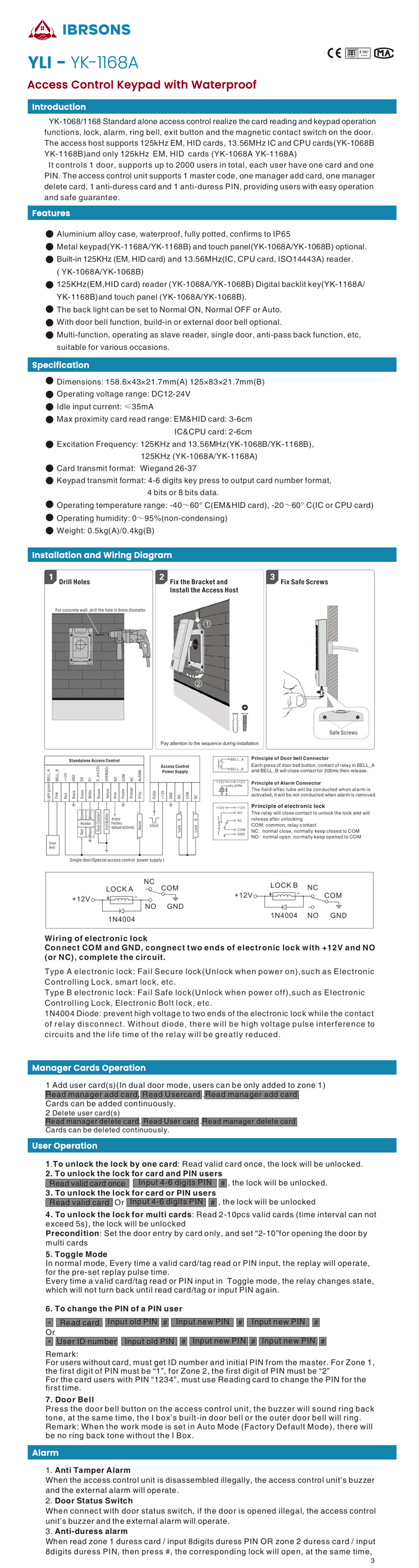 YLI - YK-1168A Access Control Metal Keypad (Waterproof) - Ibr&sons Ltd
