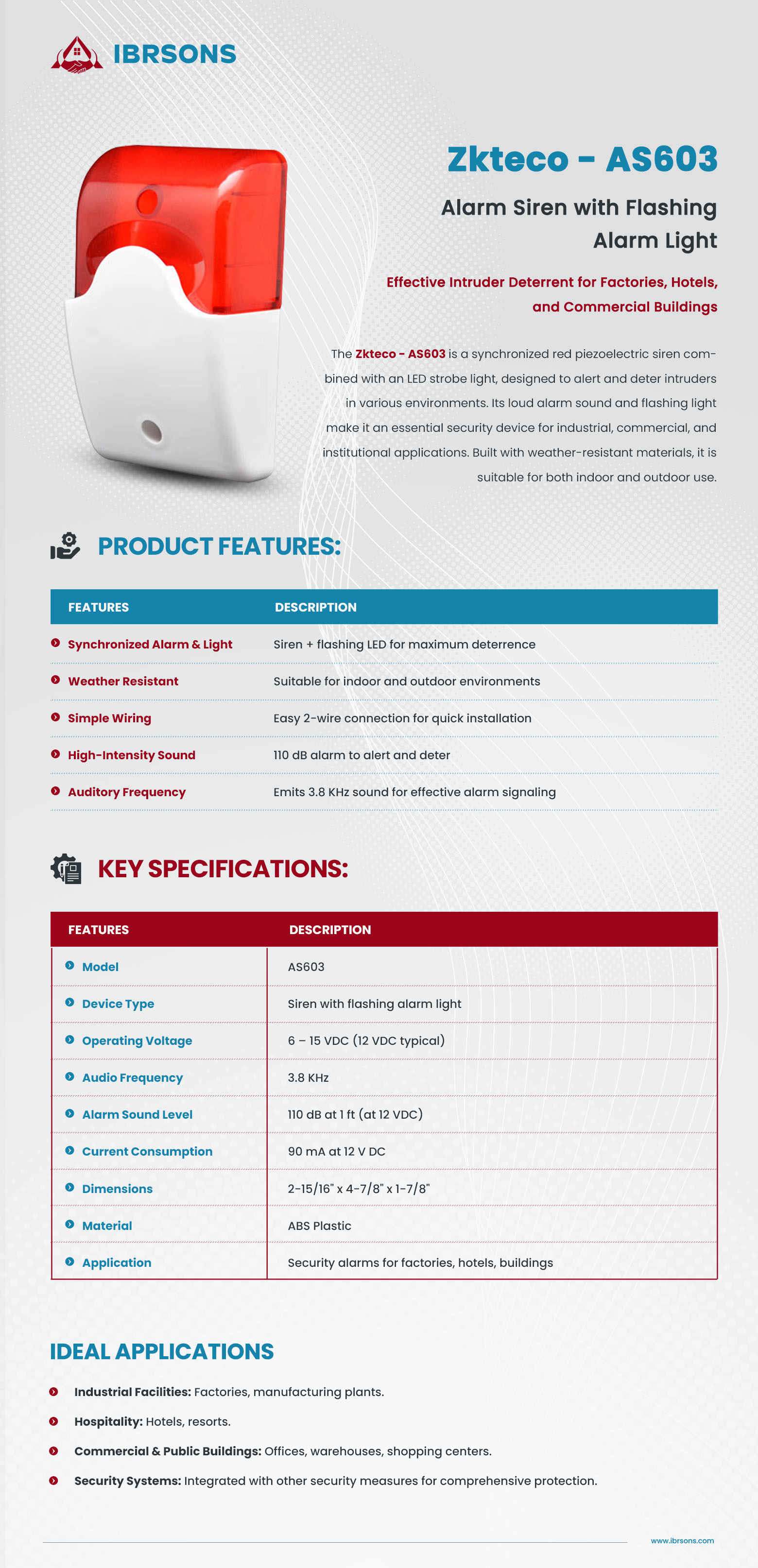 Zkteco - AS603 Alarm Siren Designed For Intruders In Factories, Hotels ...
